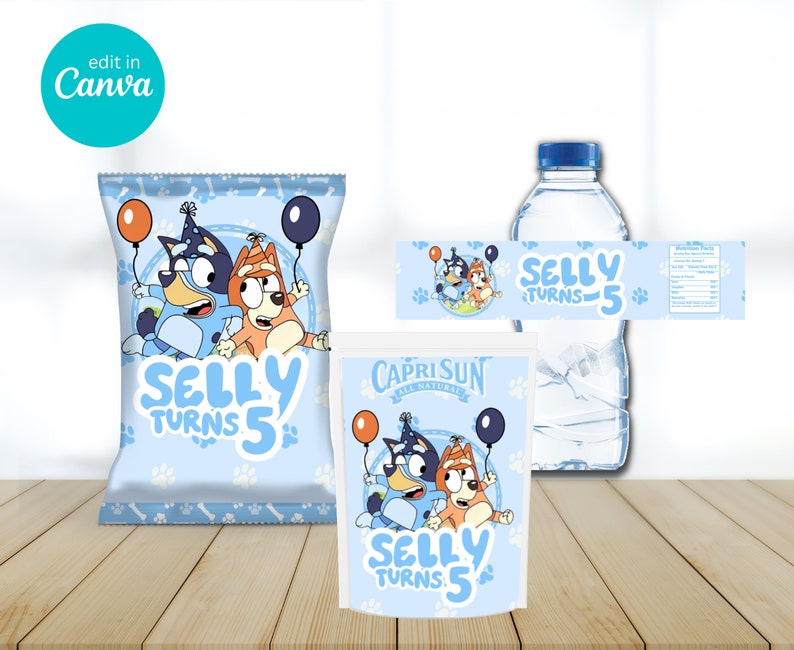 Bluey Party Pack Labels Chip Bag Rice Kriespie Favor Bag Juice Water ...