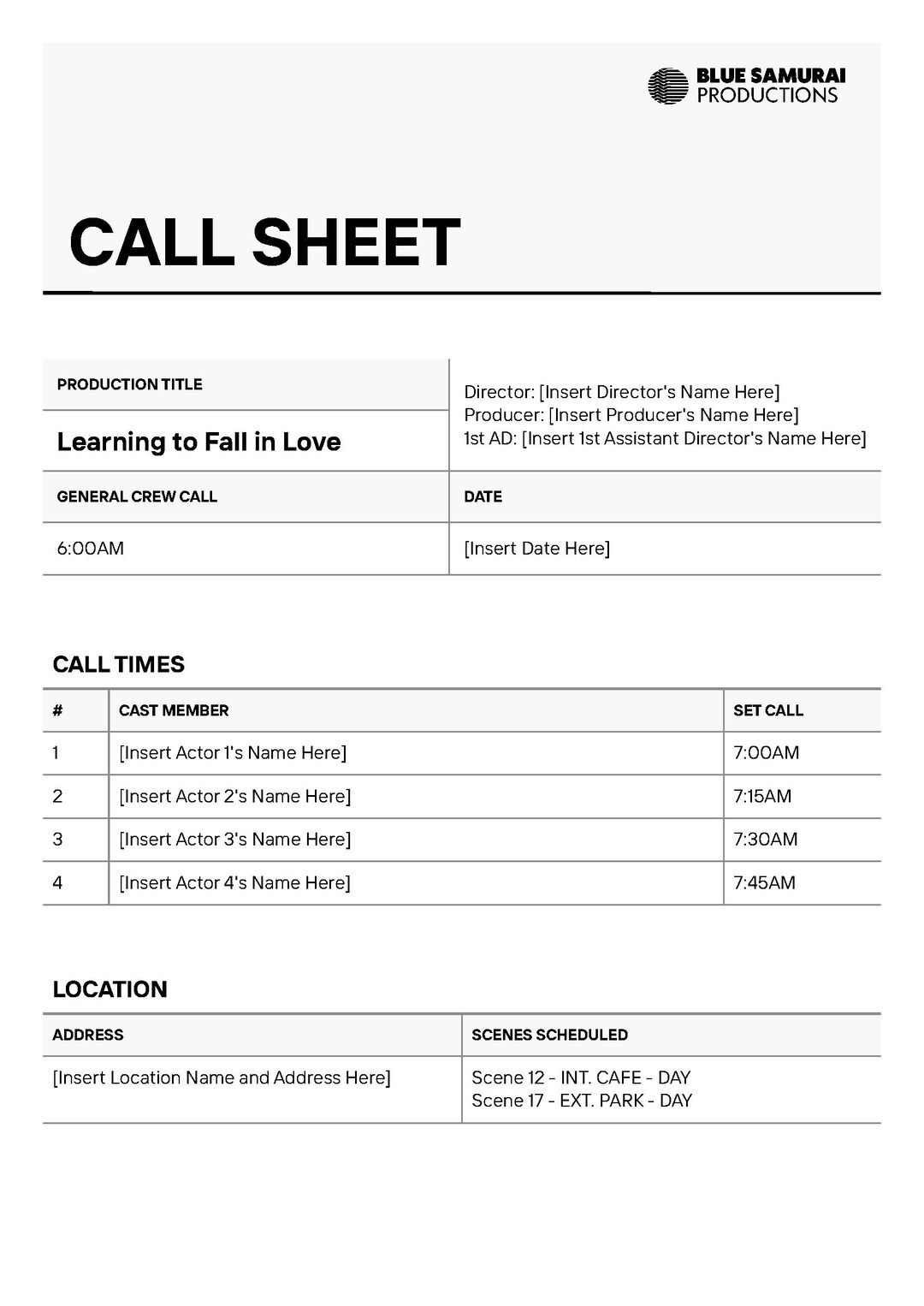 Production Call Sheet Professional Doc in Black and White Agnostic ...