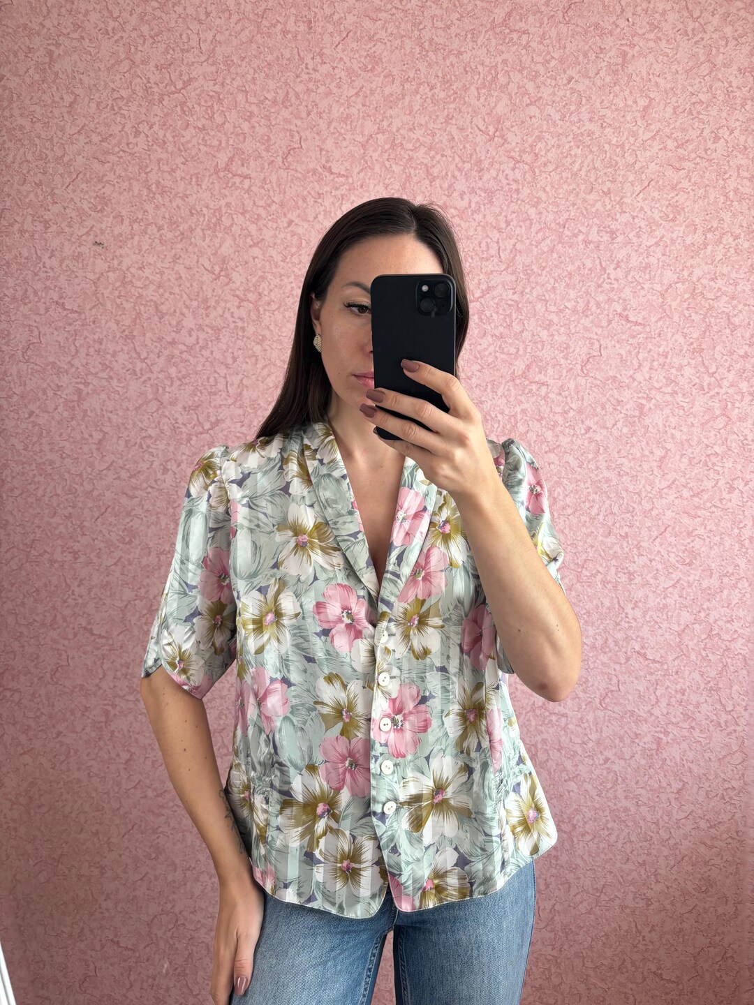 Vintage Colourful Floral Print Blouse, Elegant Blouse With Short ...