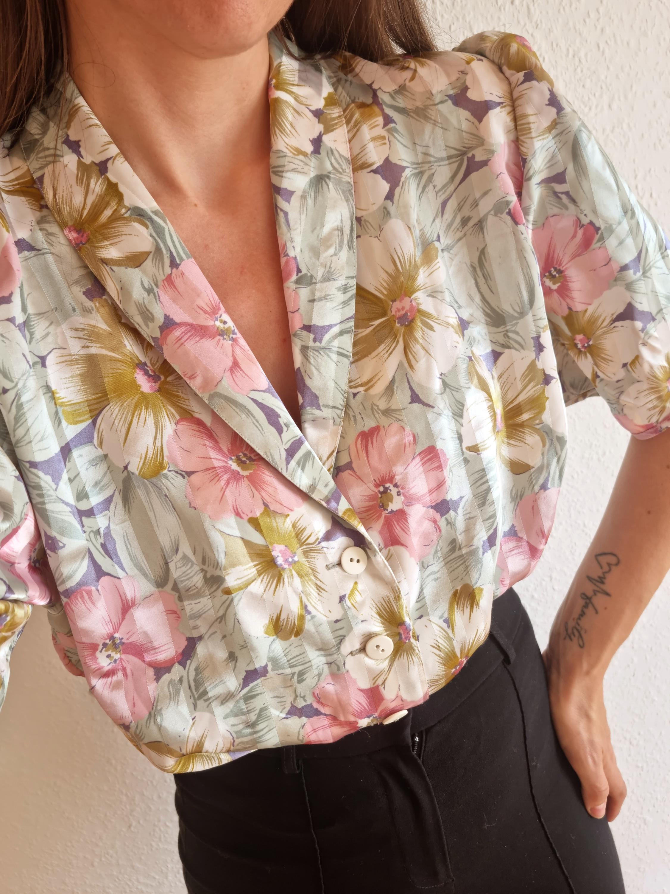 Vintage Colourful Floral Print Blouse, Elegant Blouse With Short ...