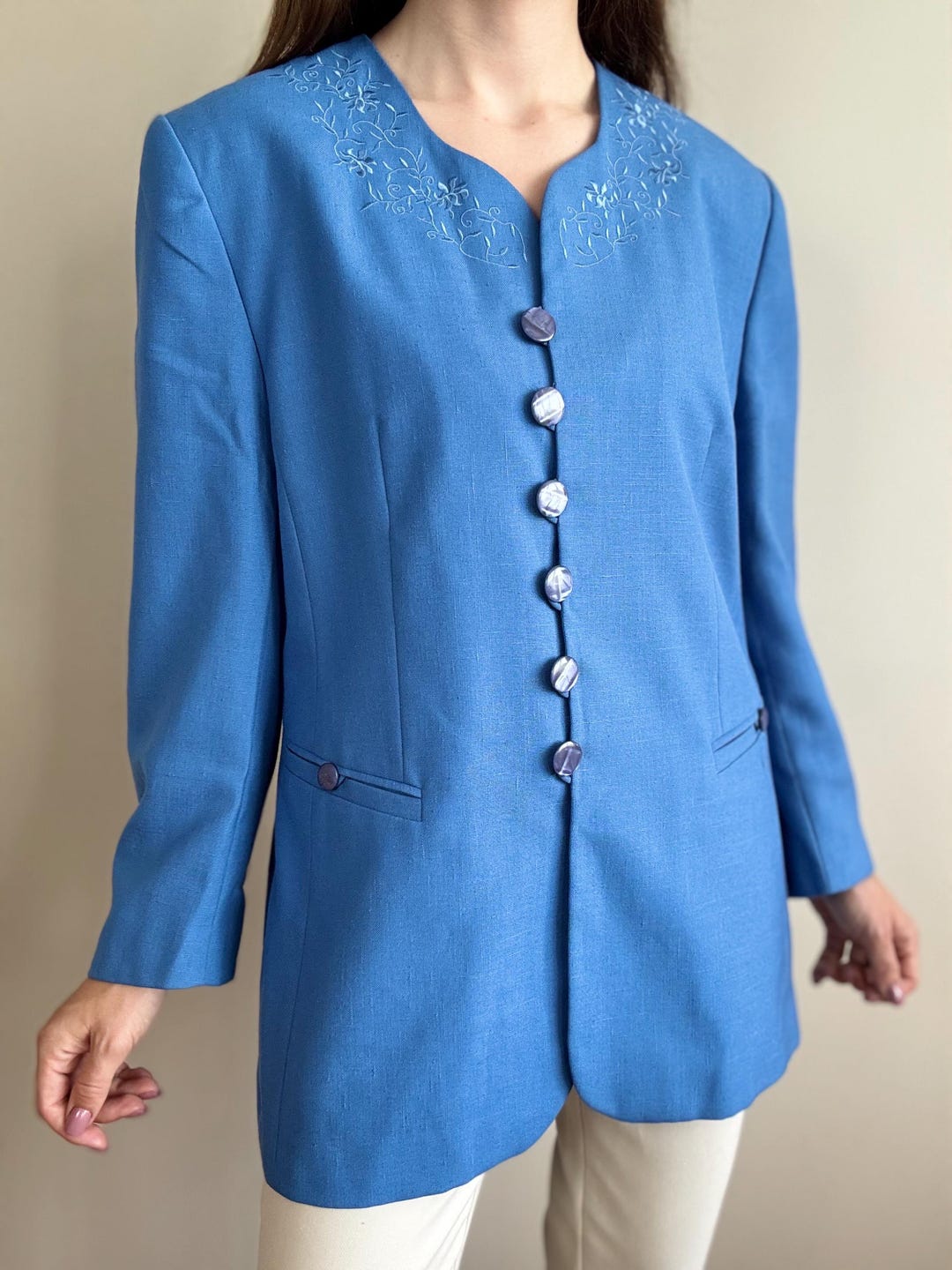 Vintage Sky Blue Long Blazer With Embroidery, Elegant and Classy Women ...