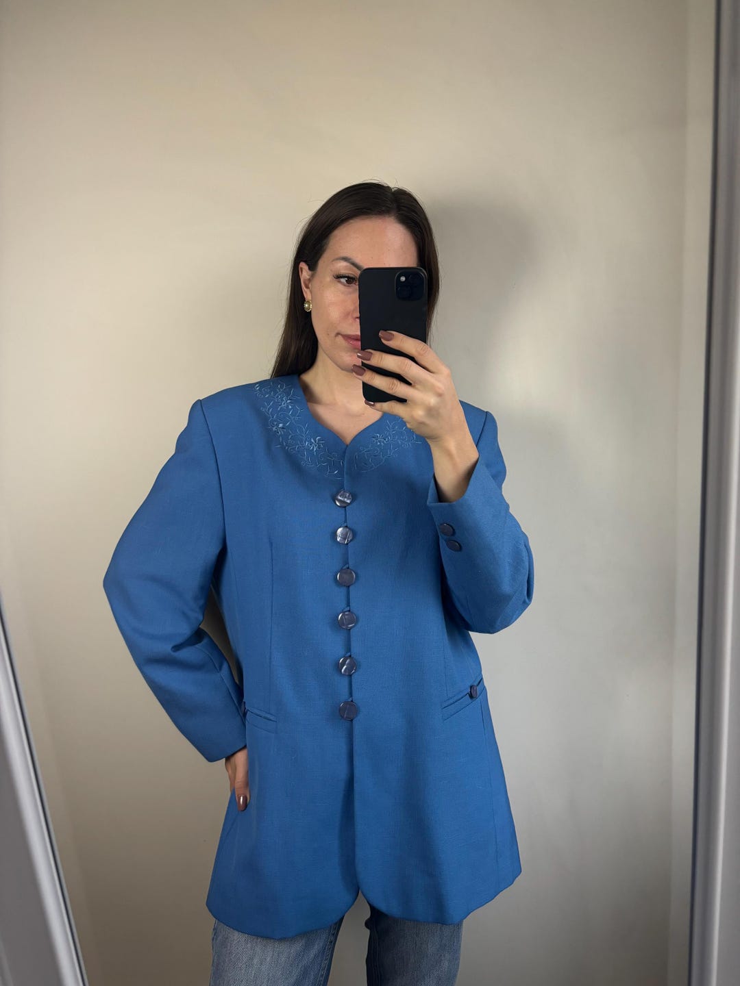 Vintage Sky Blue Jacket With Embroidery, Elegant and Classy Women’s ...