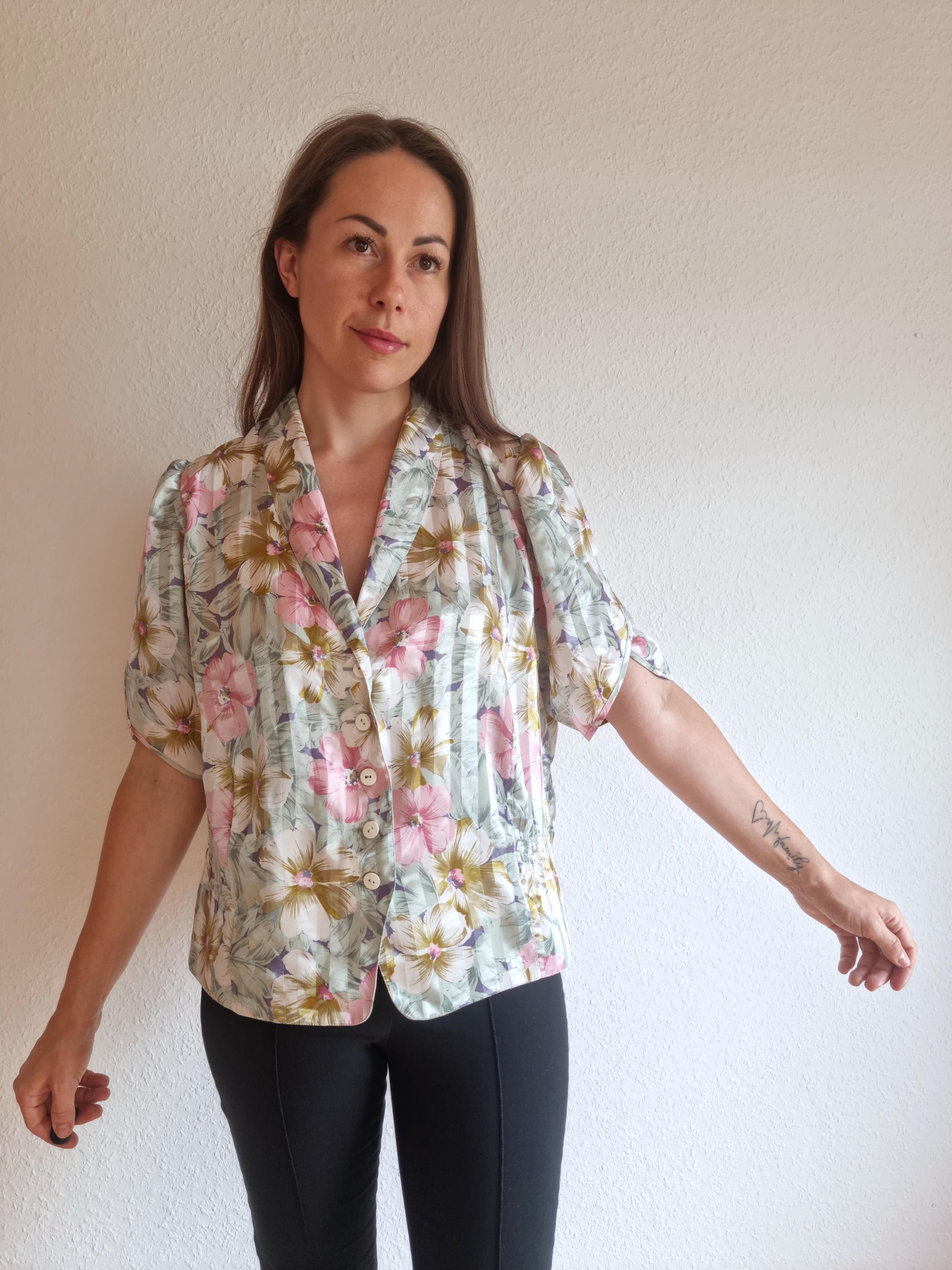 Vintage Colourful Floral Print Blouse, Elegant Blouse With Short ...
