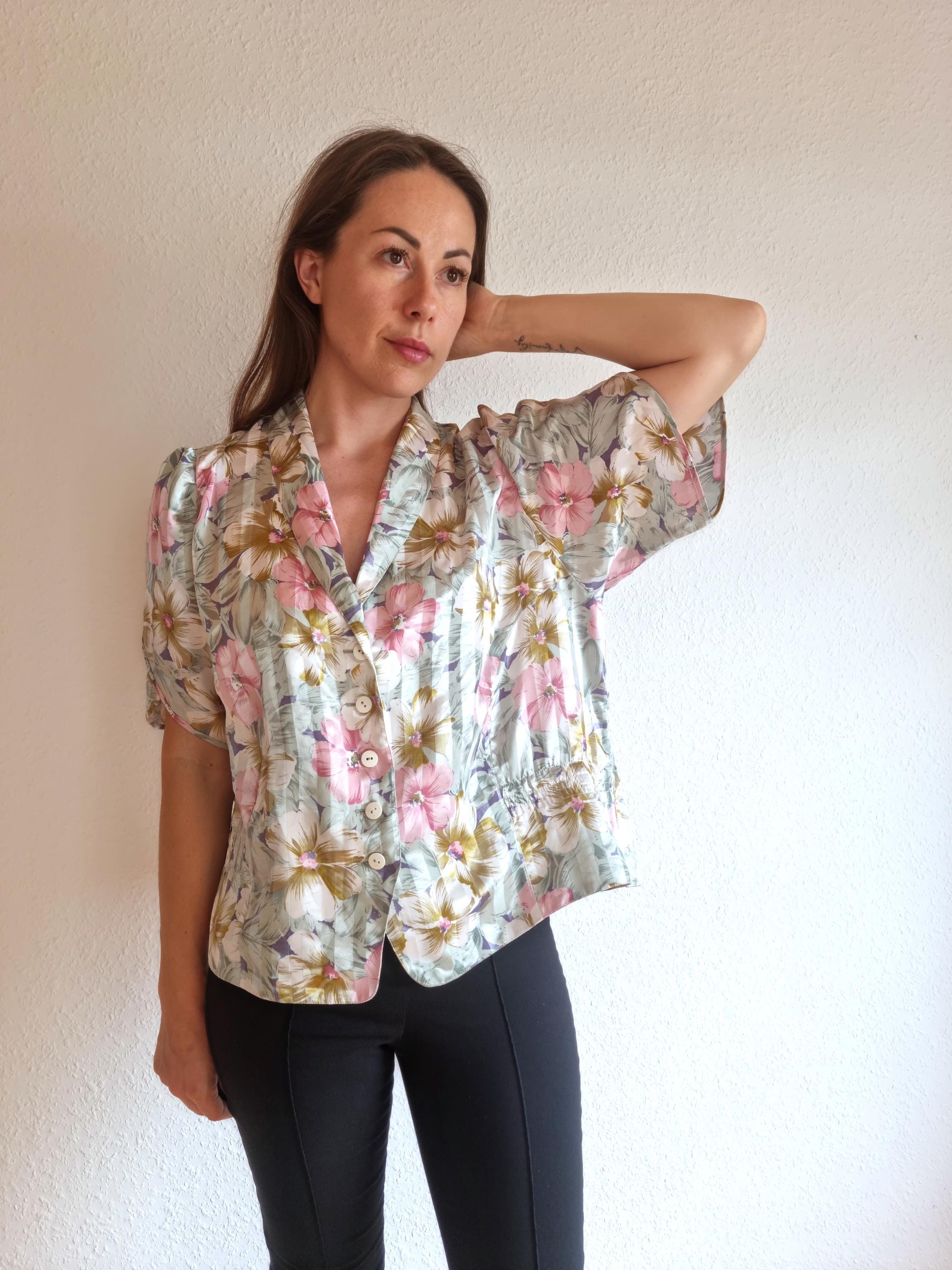 Vintage Colourful Floral Print Blouse, Elegant Blouse With Short ...
