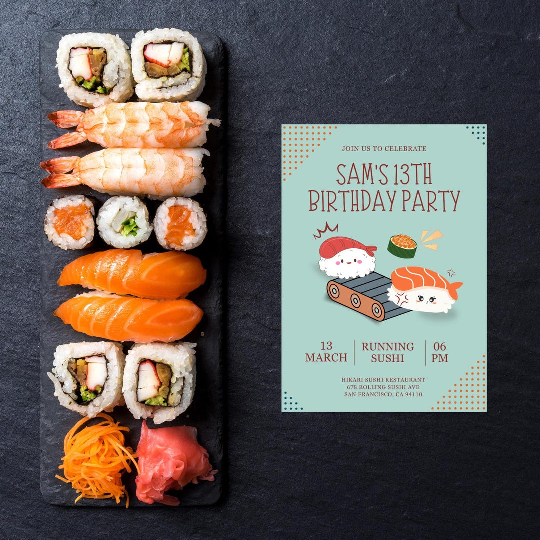 Editable Sushi Birthday Invitation, Running Sushi Party Invite, Instant ...