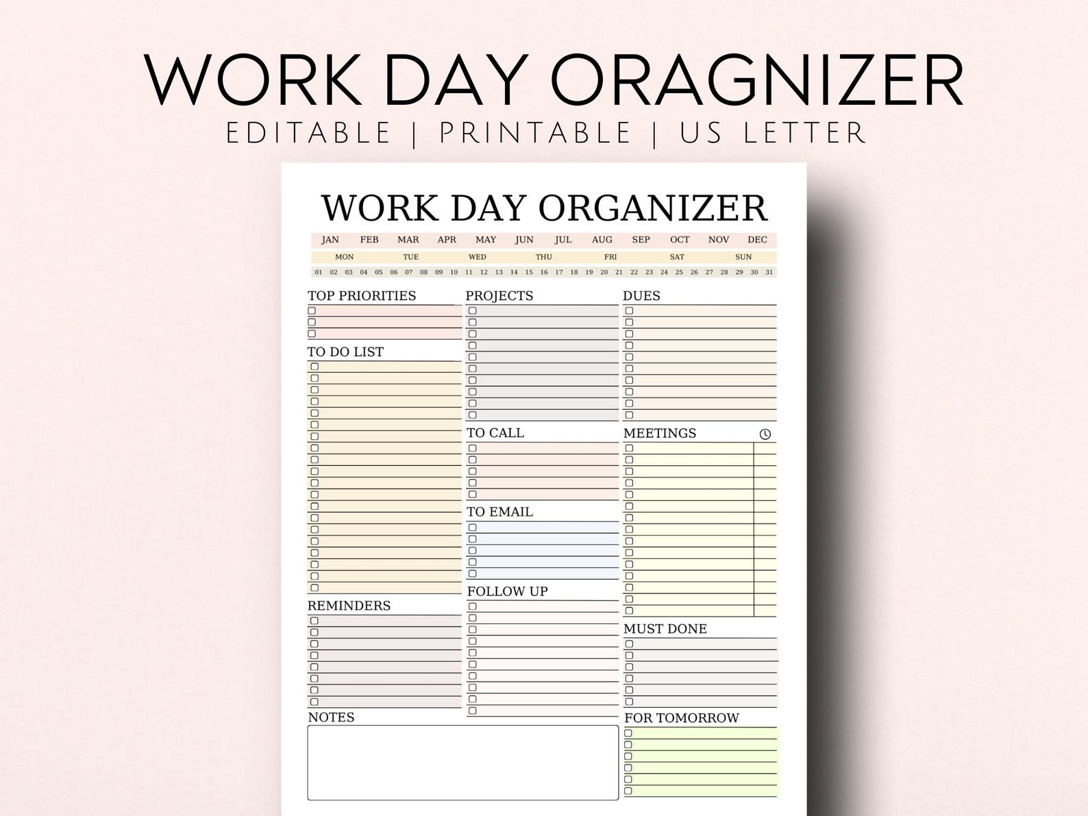 Work Day Planner, Printable Planner, Productive Planner, Work Schedule ...