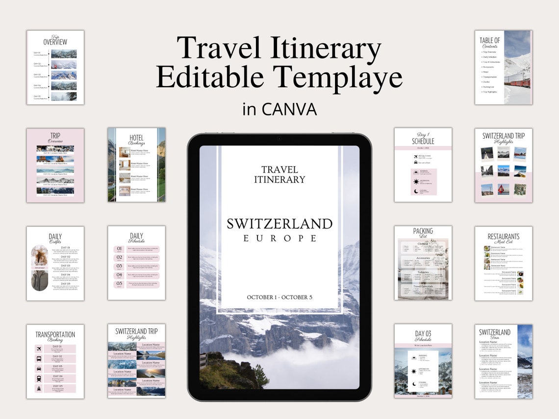Editable Switzerland Travel Itinerary Template (canva, PDF) - Etsy