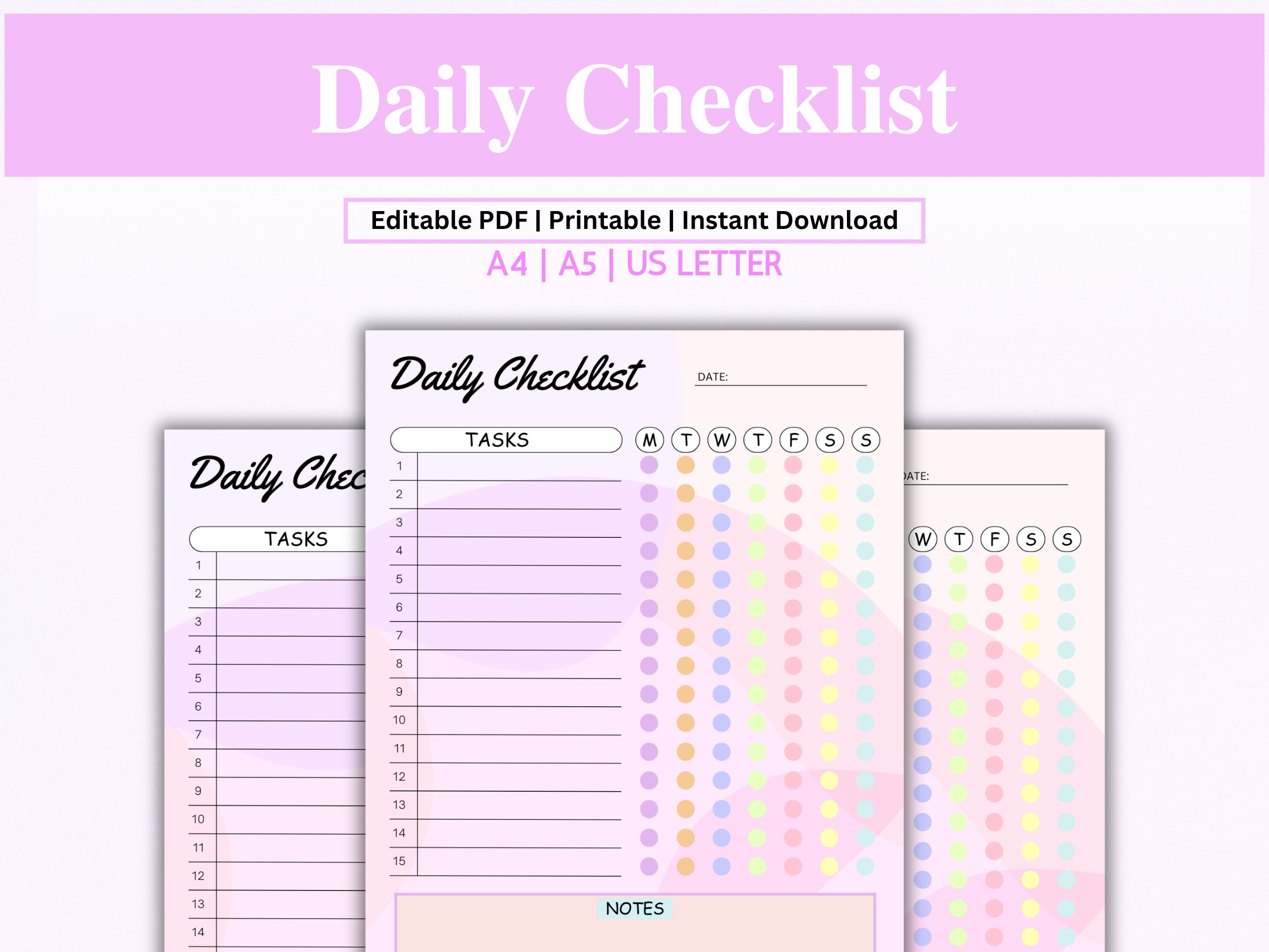 Daily Checklist Template, Editable Daily Checklist, Weekly Checklist ...