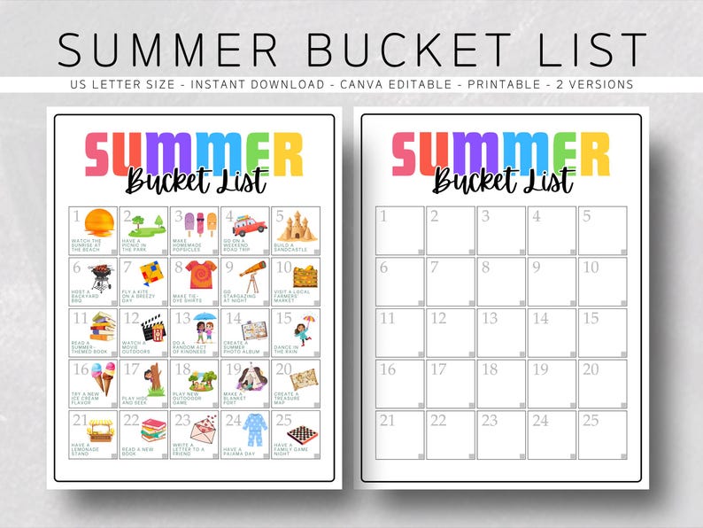 Summer Bucket List Printable: Fun Family Activities (canva Template, US ...