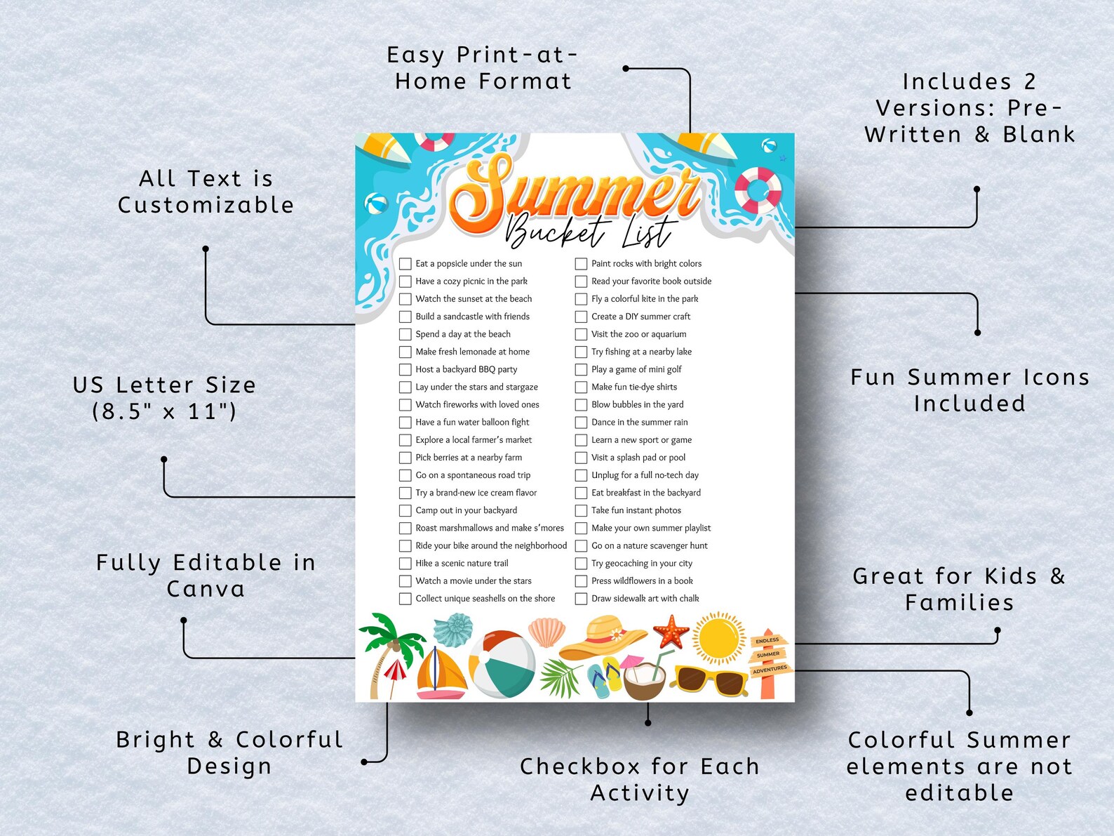 Summer Bucket List Printable: Fun Family Activities - Canva Template - Etsy