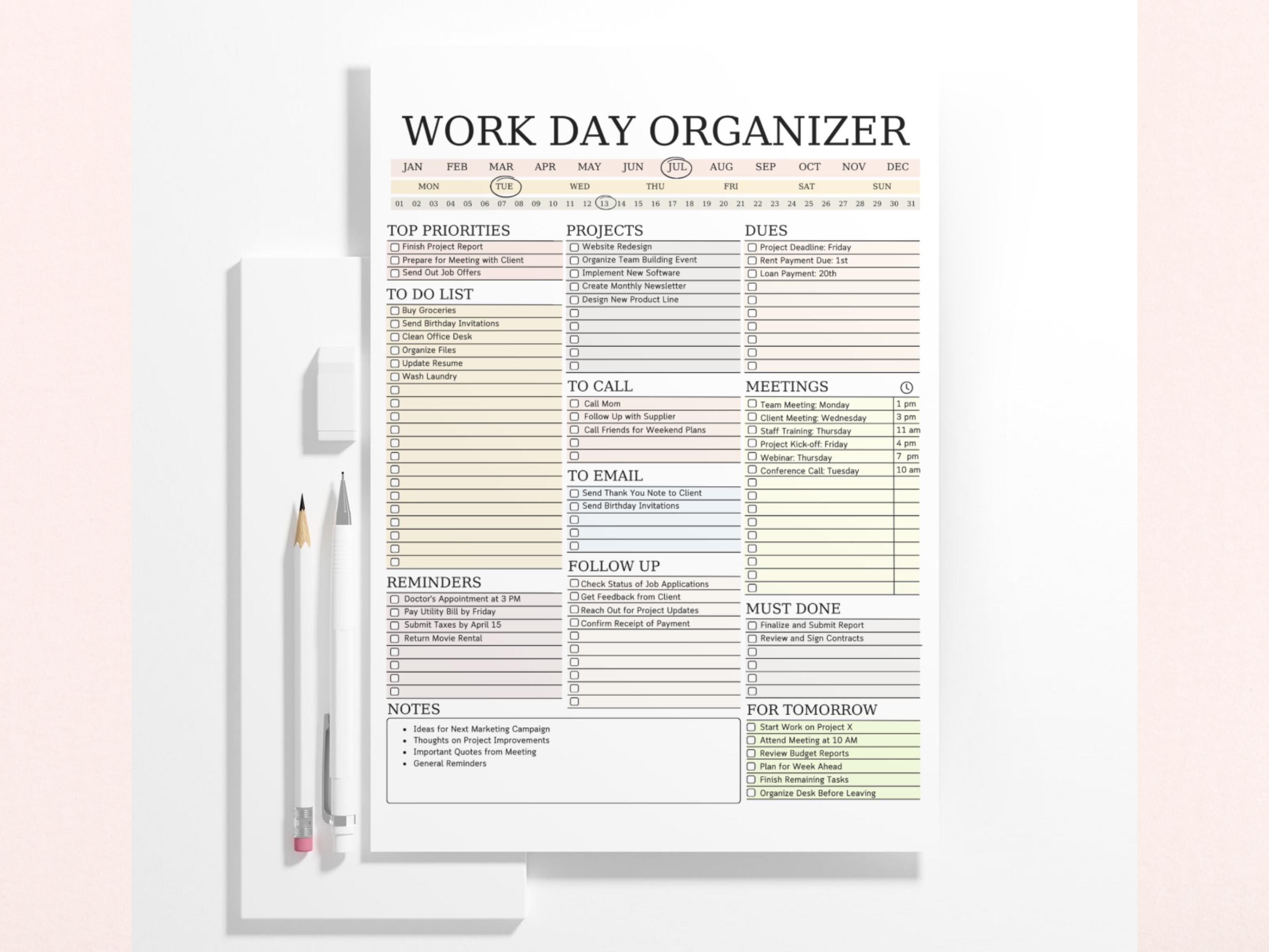Work Day Planner, Printable Planner, Productive Planner, Work Schedule ...