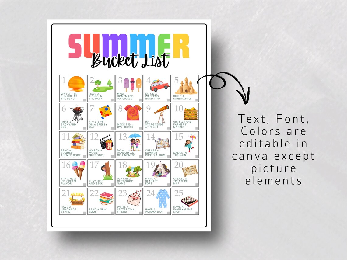 Summer Bucket List Printable: Fun Family Activities (canva Template, US ...