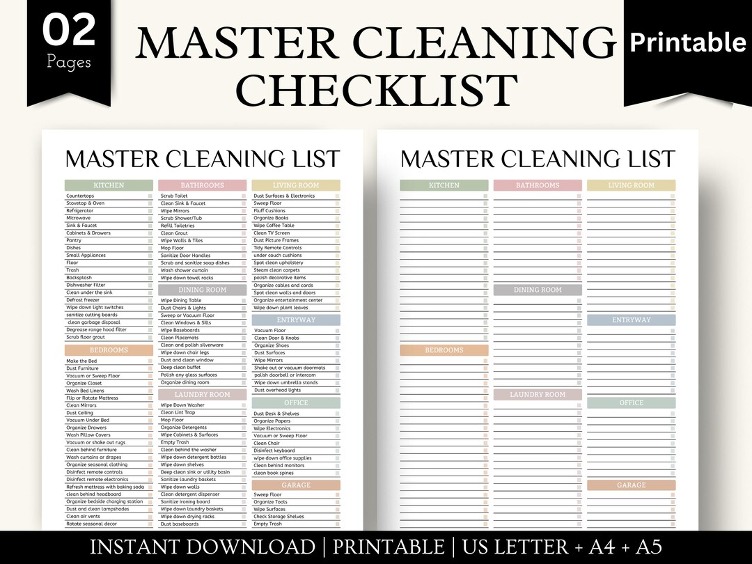 Master Cleaning Checklist Boho Room-by-room House Cleaning Schedule ...