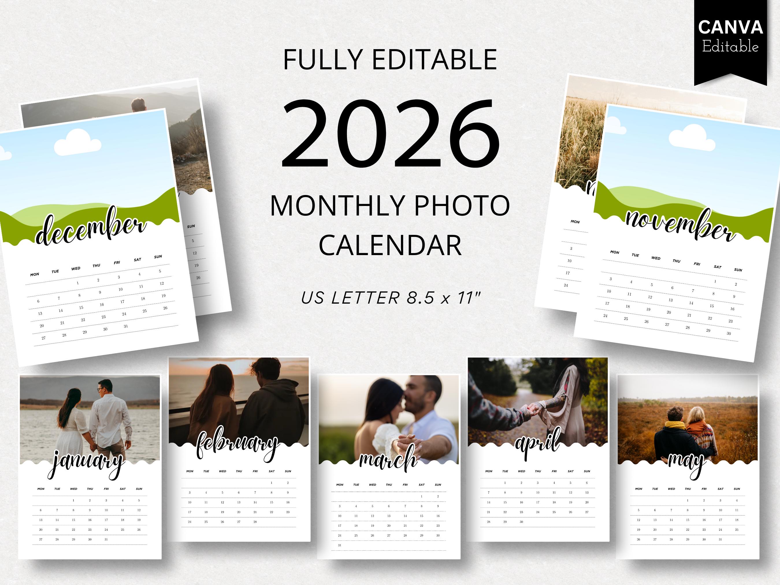 2026 Monthly Photo Calendar Template Custom, Canva Editable Printable ...