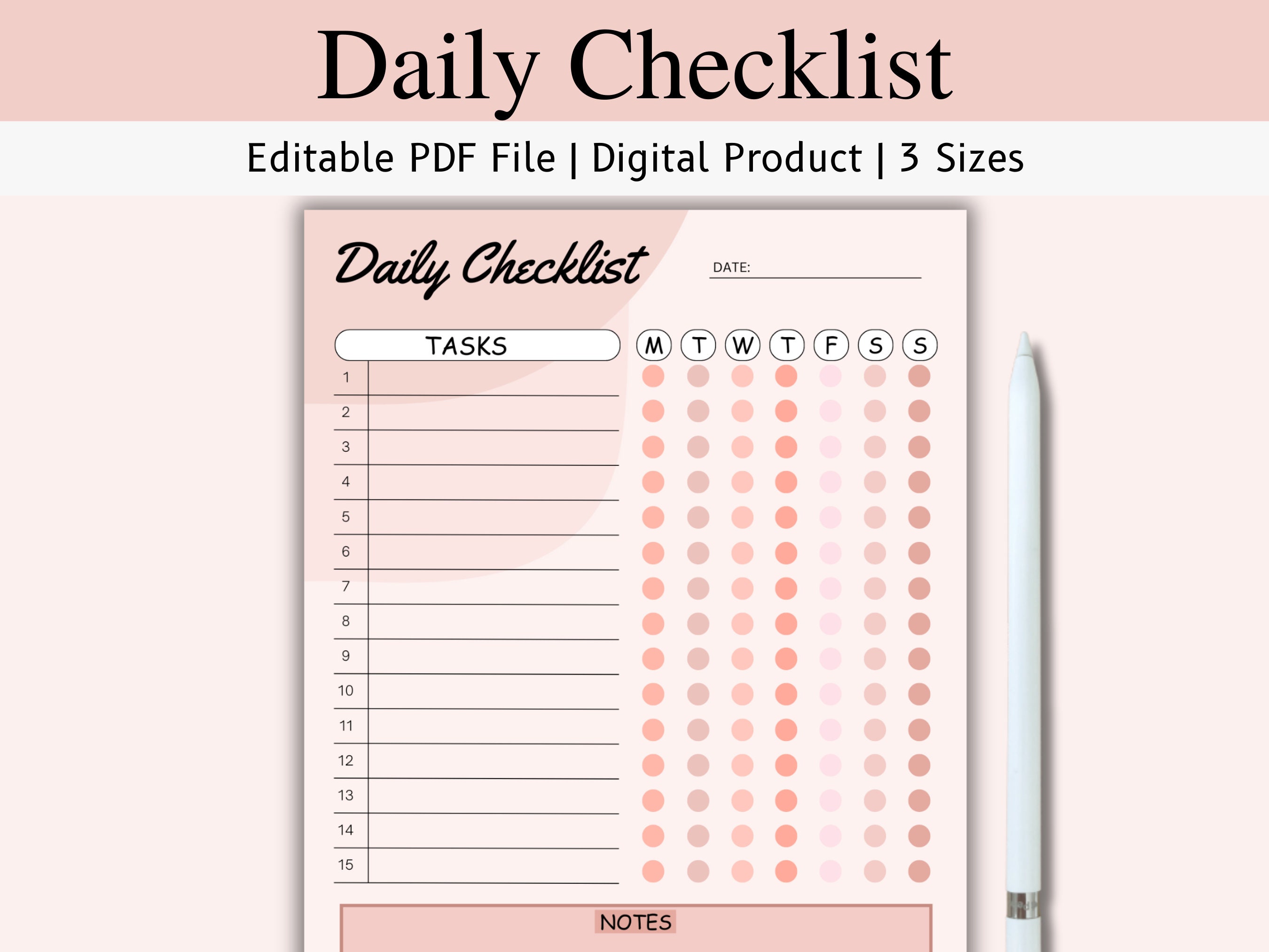Daily Checklist Template, Editable Daily Checklist, Weekly Checklist ...