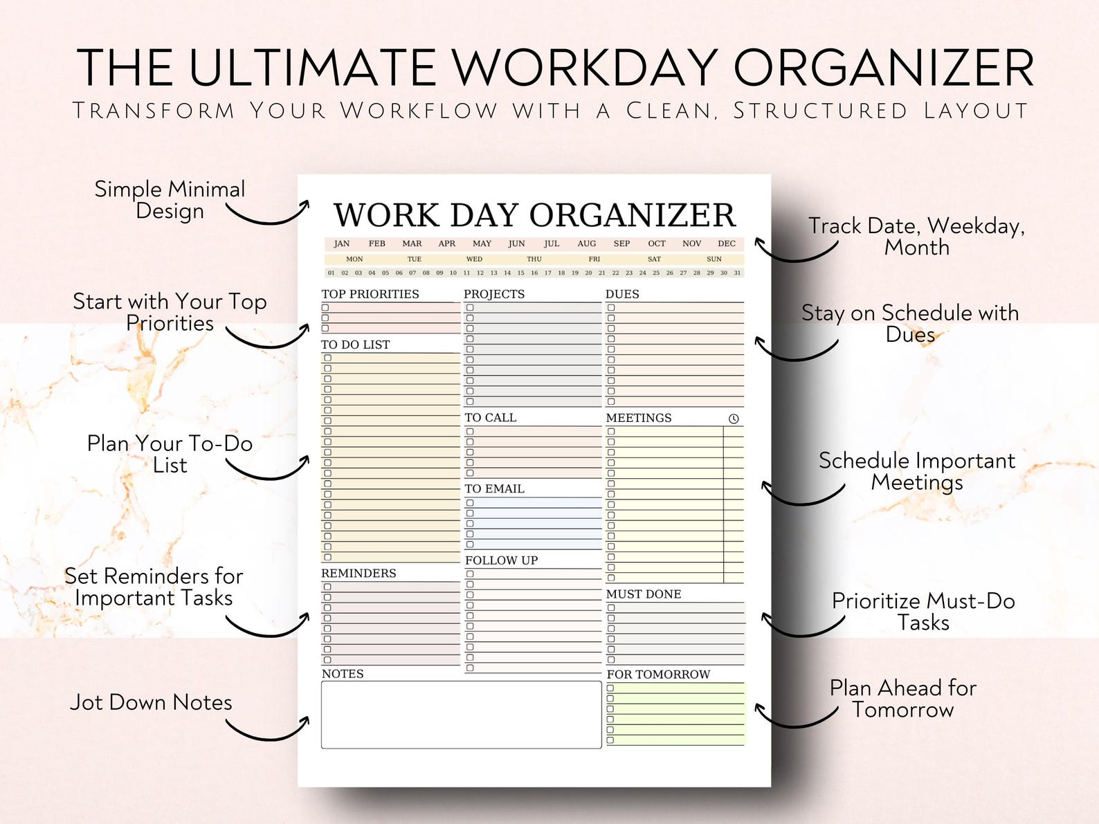 Work Day Planner, Printable Planner, Productive Planner, Work Schedule ...
