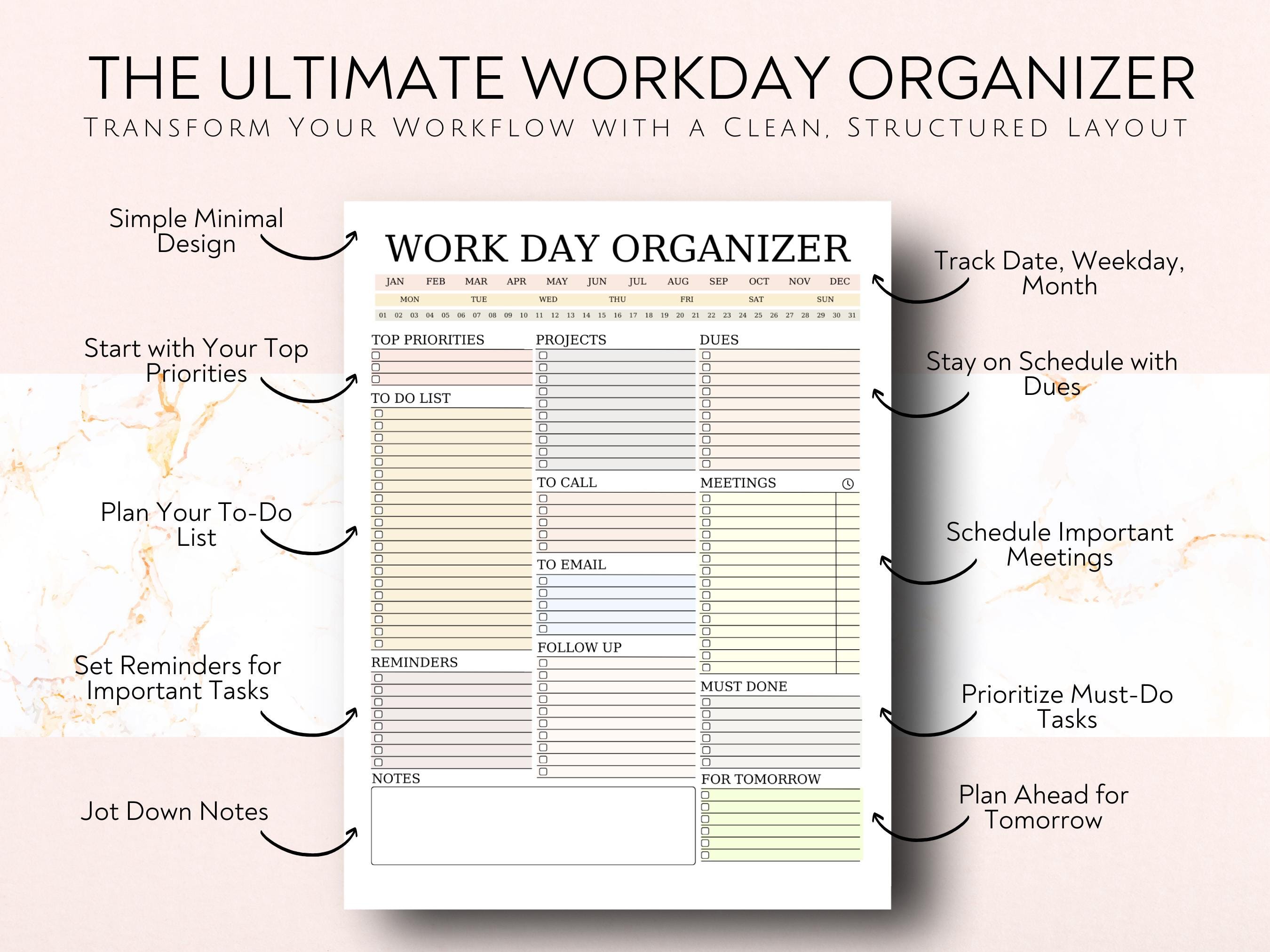 Work Day Planner, Printable Planner, Productive Planner, Work Schedule Planner, to Do List, Work ...