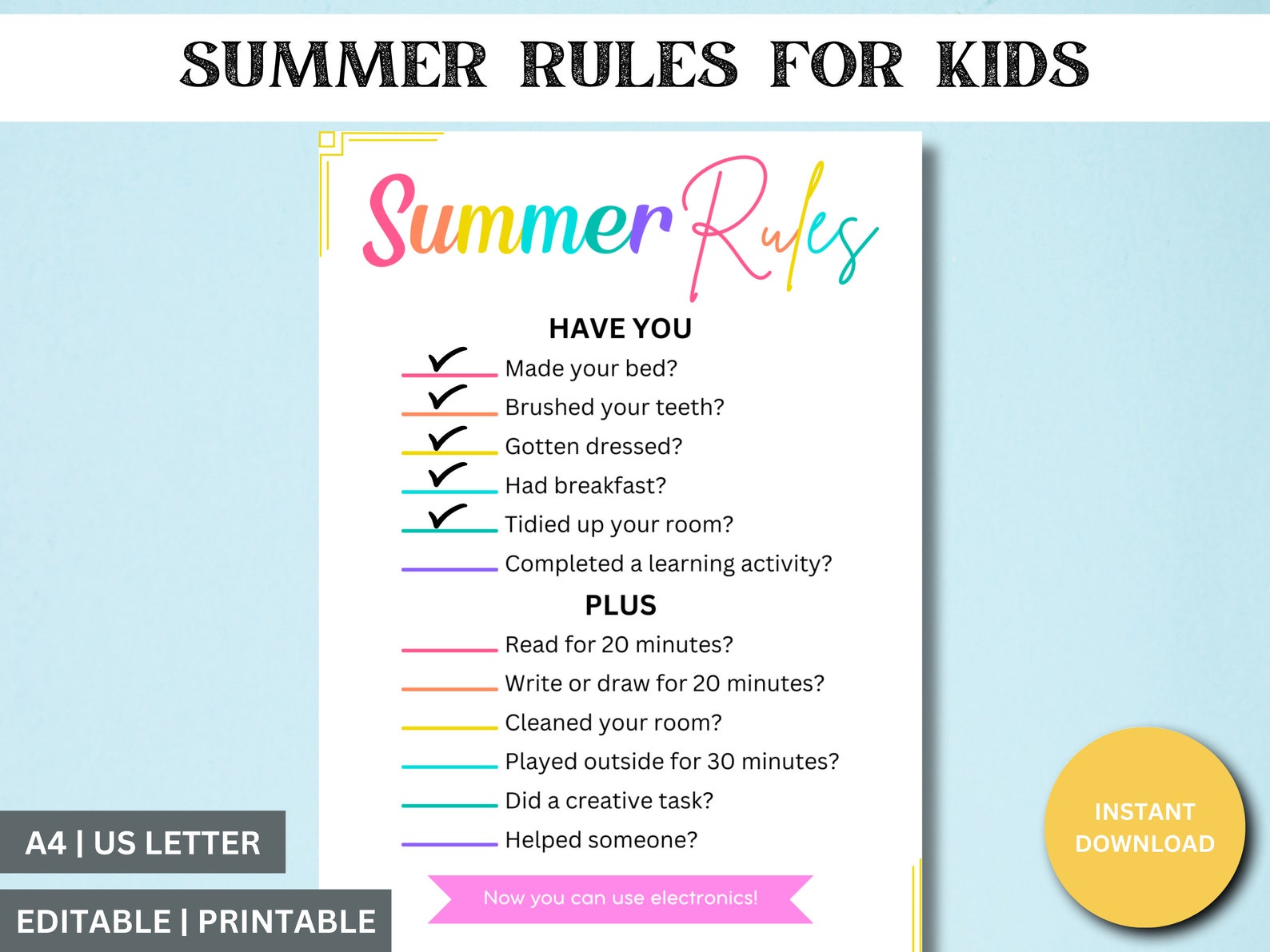Summer Rules Checklist, Screen Time Rules, Screen Time Tracker, Summer ...
