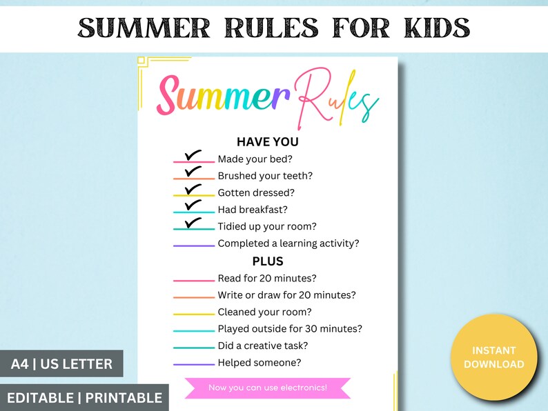 Summer Rules Checklist, Screen Time Rules, Screen Time Tracker, Summer ...