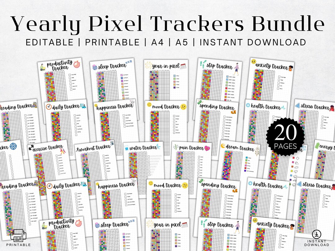 2026 Yearly Pixel Tracker Bundle, Editable & Printable (digital ...