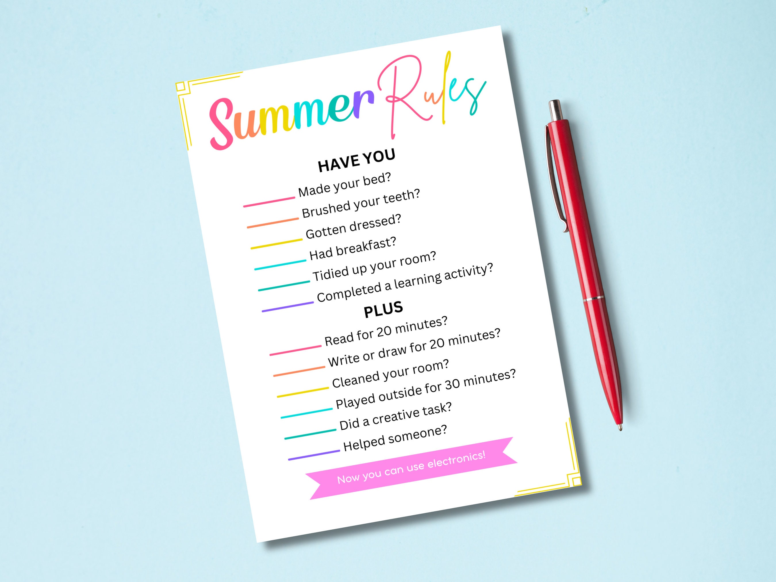 Summer Rules Checklist, Screen Time Rules, Screen Time Tracker, Summer ...