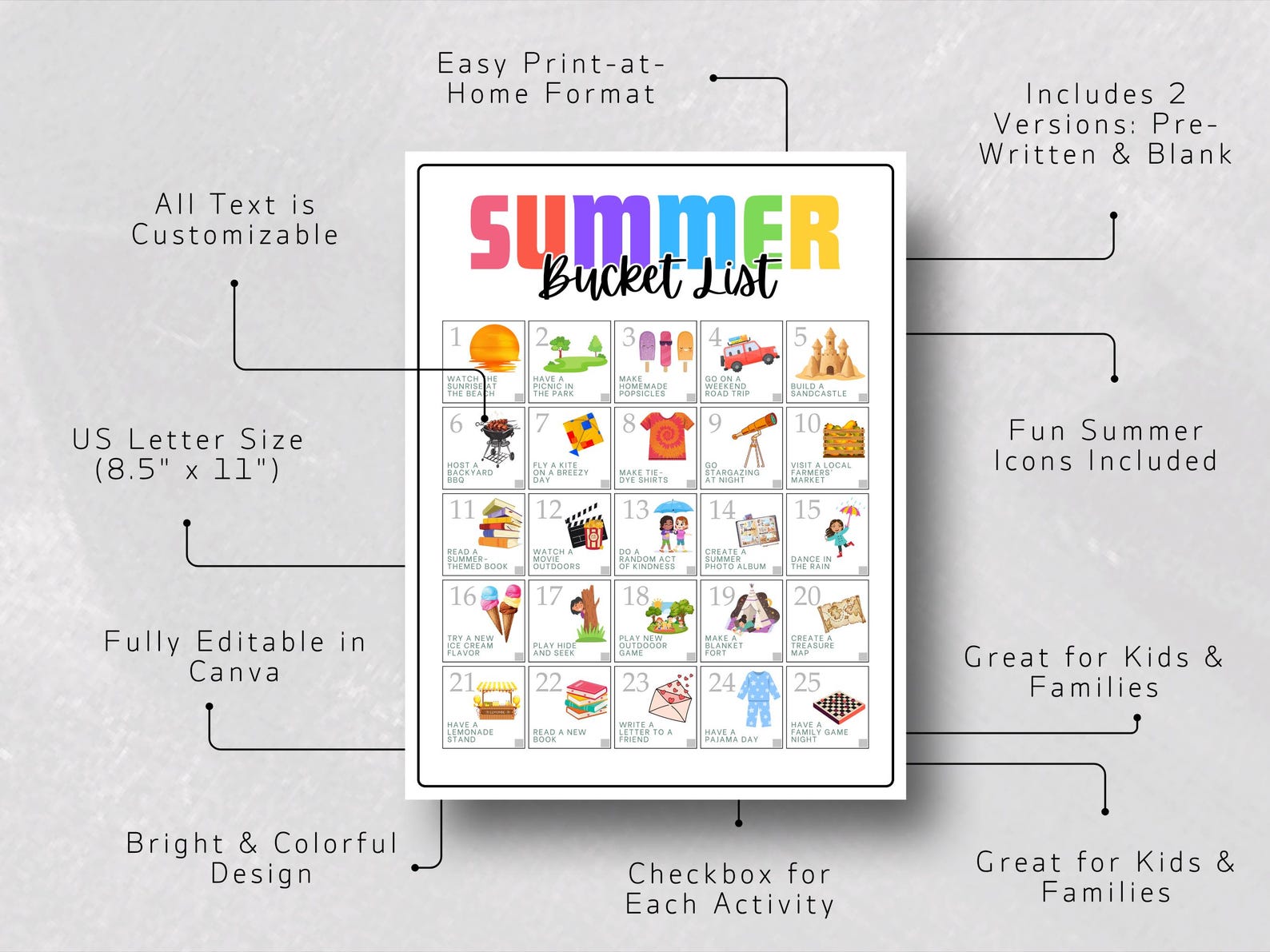 Summer Bucket List Printable: Fun Family Activities (canva Template, US ...