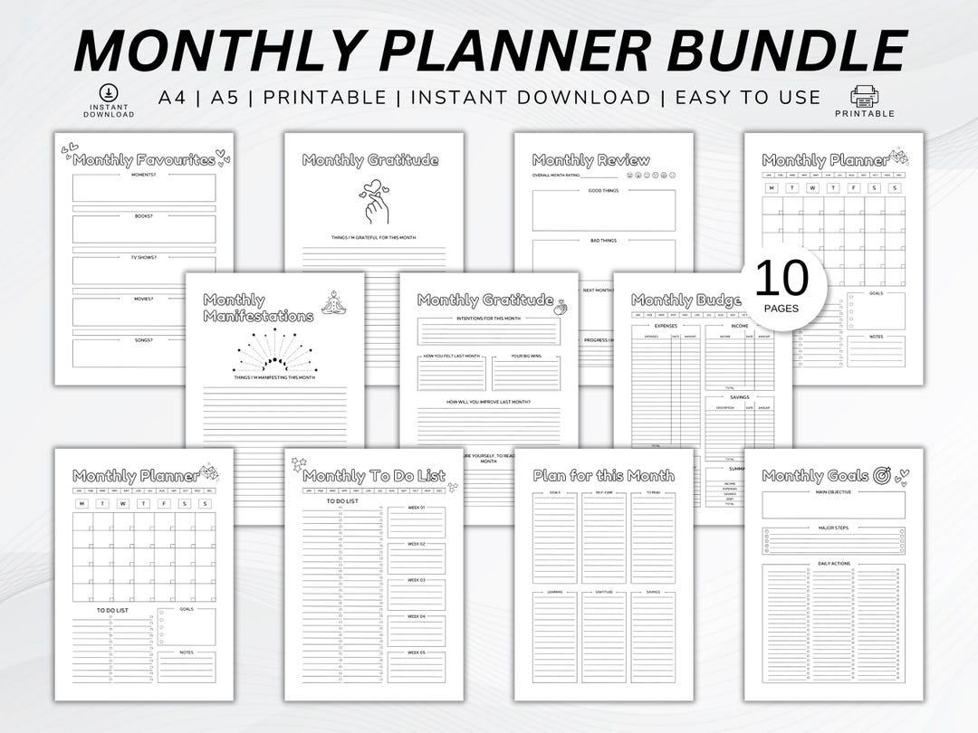 Printable Monthly Planner Bundle: To-do List, Budget, Gratitude (A4/A5 ...