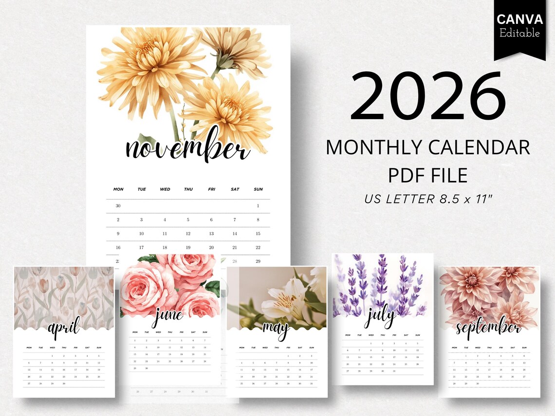 2026 Flower Monthly Calendar | Printable Floral Calendar PDF File - Etsy