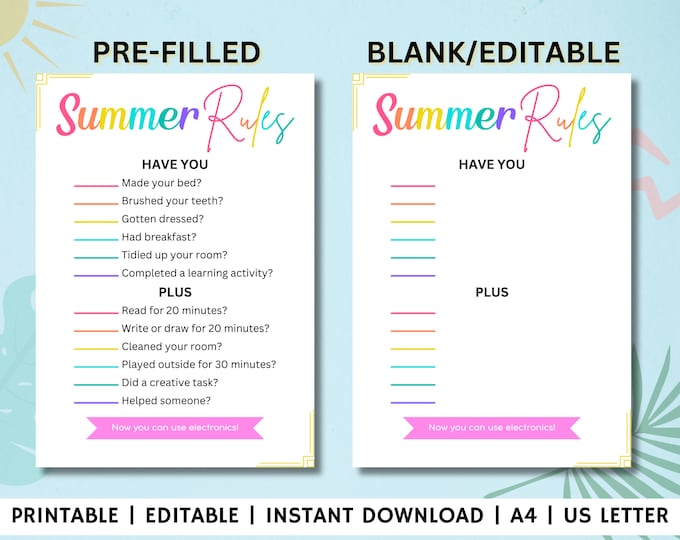 Summer Screen Time Checklist: Editable Chore Chart (digital Download ...