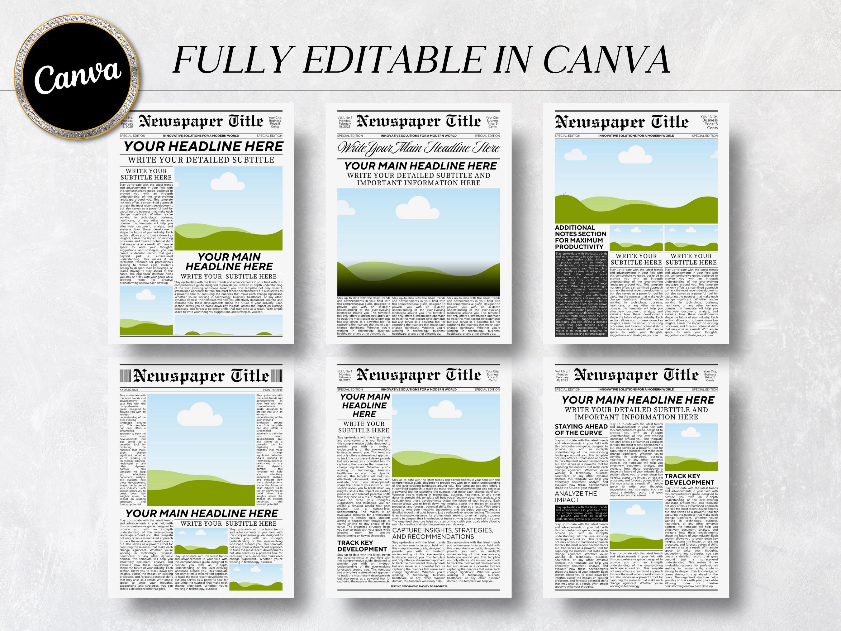 Editable Front Page Templates | 6 Pages | Canva Newspaper Layout | A4 ...
