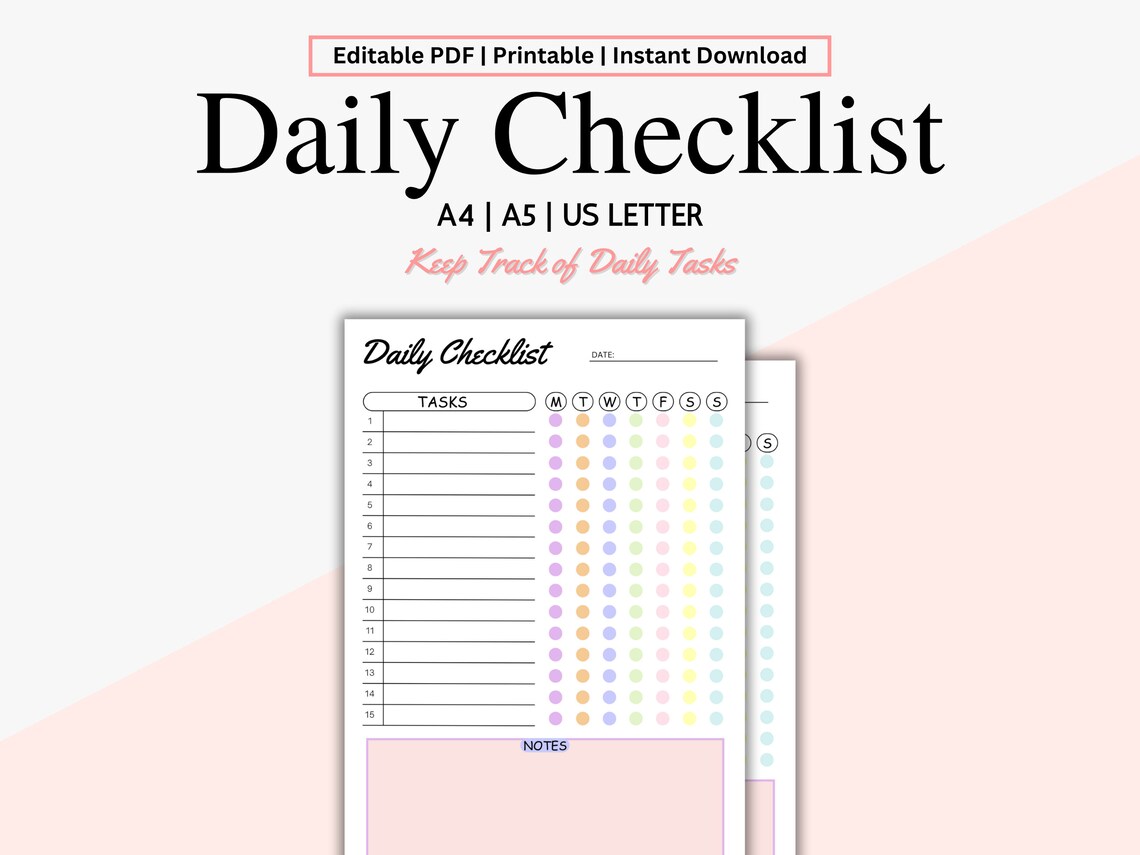 Daily Checklist Template, Editable Daily Checklist, Weekly Checklist ...