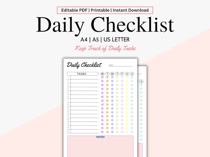 Daily Checklist Template, Editable Daily Checklist, Weekly Checklist ...