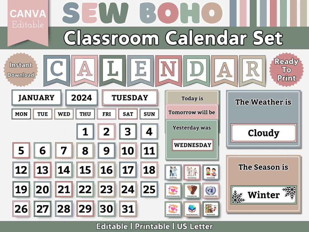 Editable Classroom Calendar Set and Weather Station, 12 Months Calendar ...