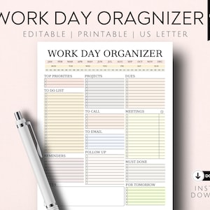 Work Day Planner, Printable Planner, Productive Planner, Work Schedule ...