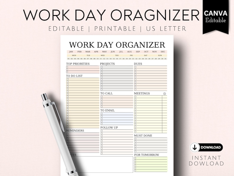 Work Day Planner, Printable Planner, Productive Planner, Work Schedule ...