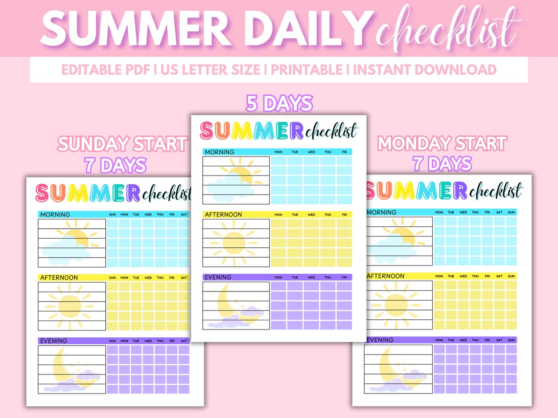 Editable Summer Checklist, Summer Checklist for Kids, Chore Chart for ...