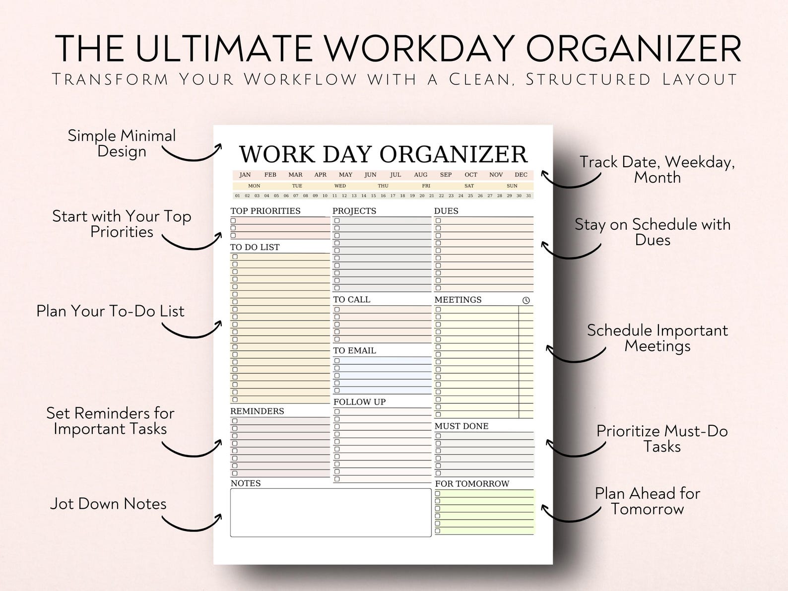 Work Day Planner, Printable Planner, Productive Planner, Work Schedule ...