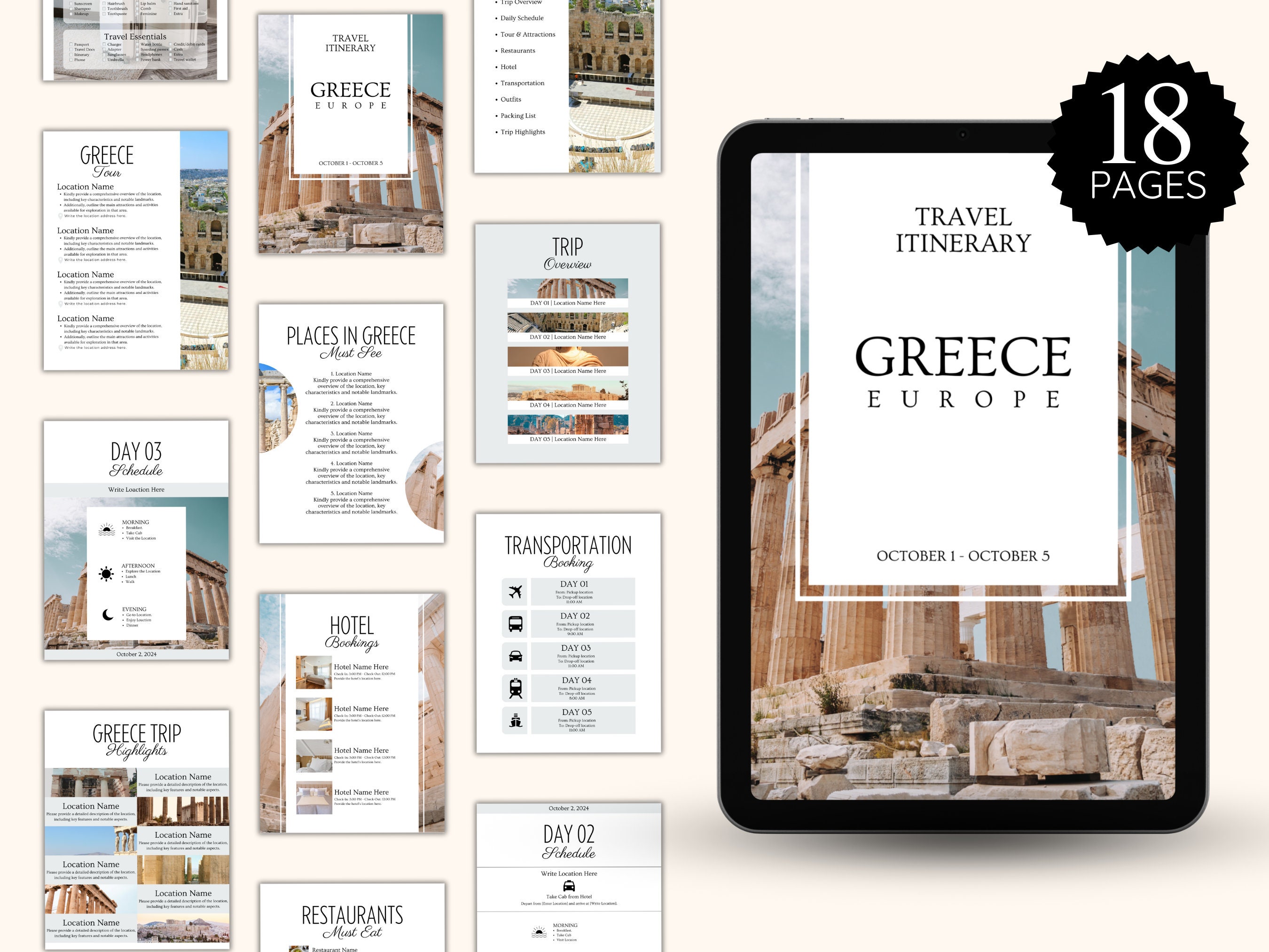 Editable Greece Travel Itinerary Template (PDF) - Etsy