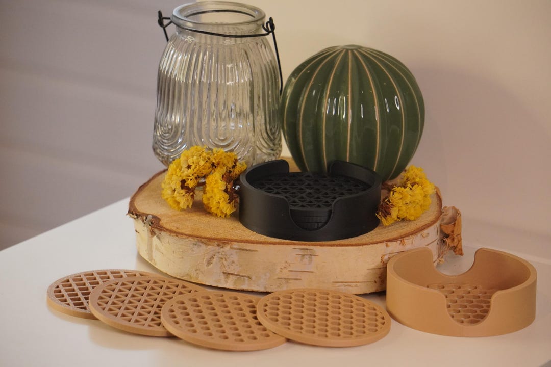 3D Printed Coasters Set of 4 With Holder Round Modern Style Perfect for ...