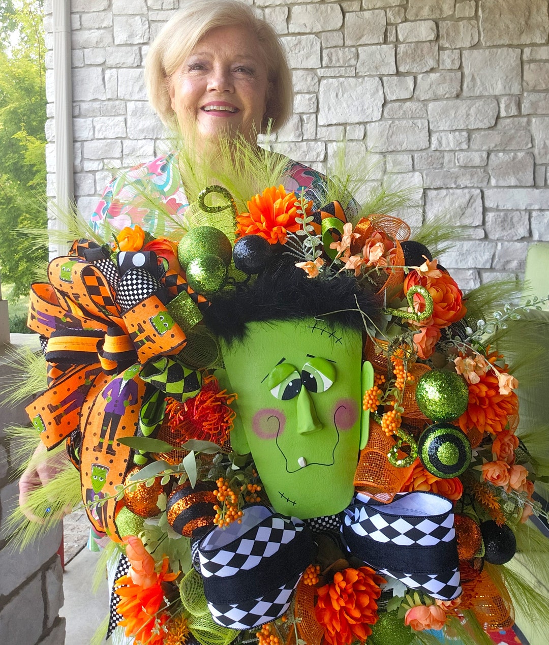 Halloween Frankenstein Wreath, Handmade Door Decor, Spooky Halloween ...
