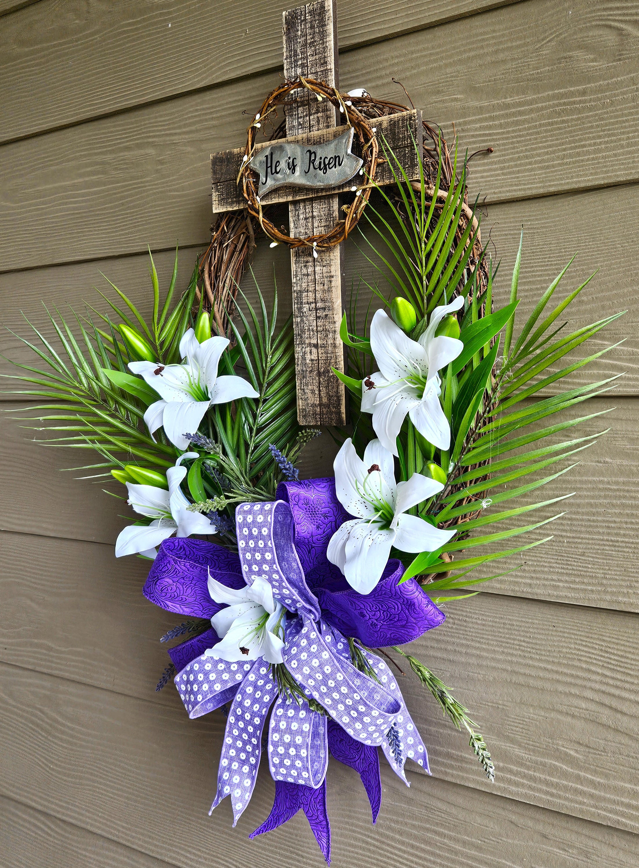 Easter Lily Cross Wreath, Easter Palm Front Door Wreath, He is Risen ...