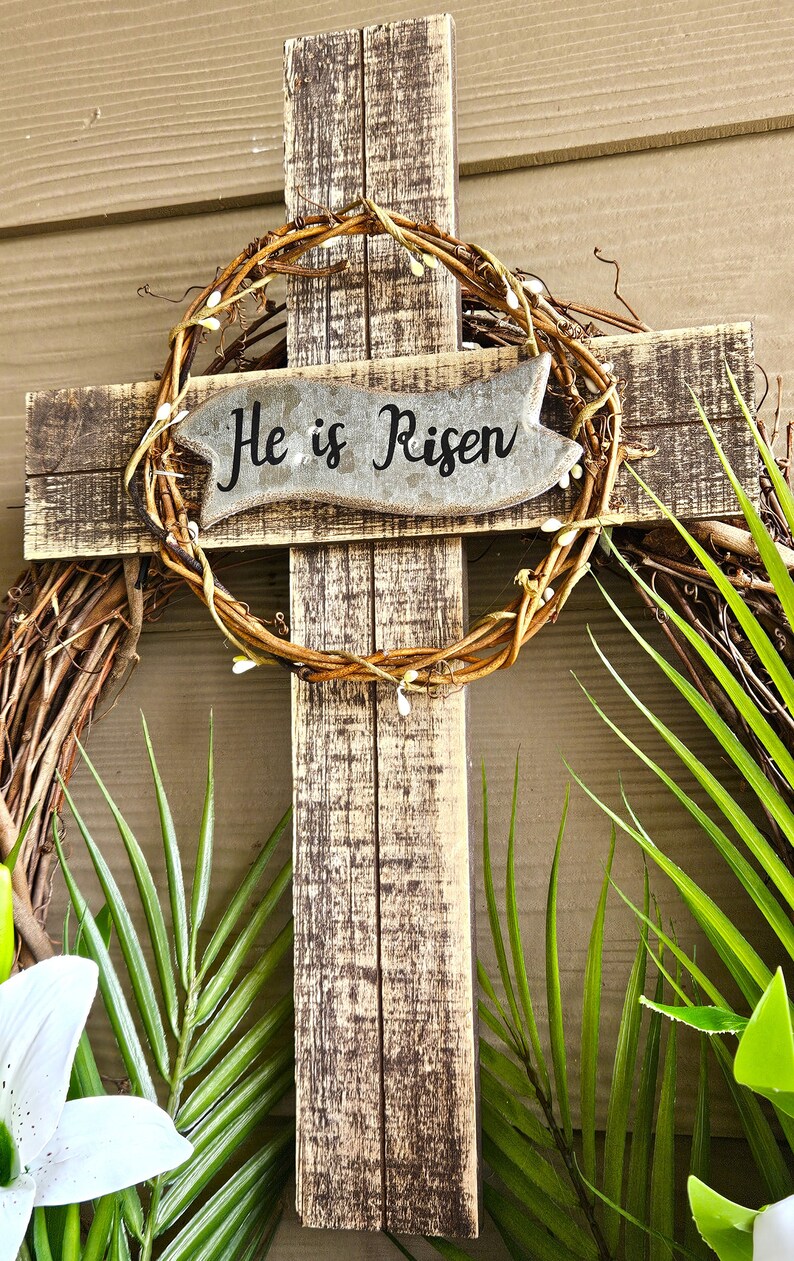 Easter Lily Cross Wreath, Easter Palm Front Door Wreath, He is Risen ...