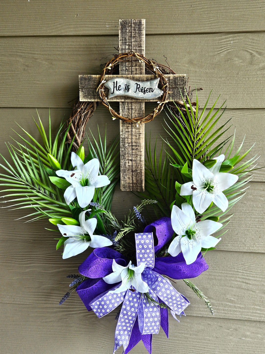 Easter Lily Cross Wreath, Easter Palm Front Door Wreath, He is Risen ...