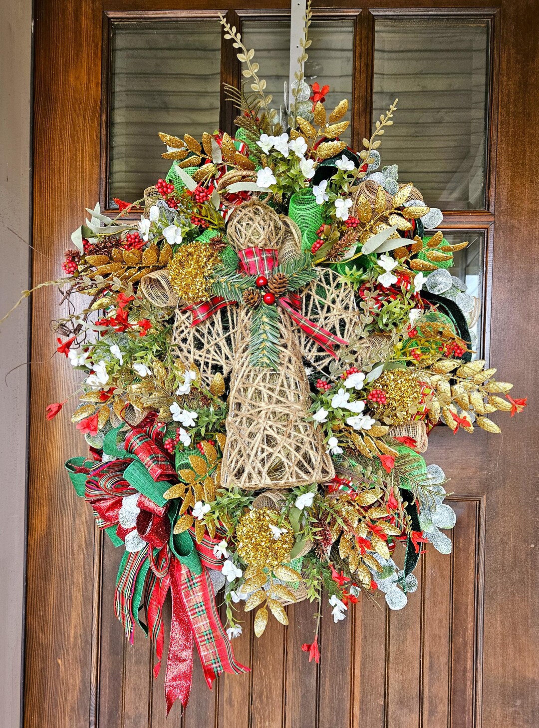 Elegant Rattan Angel Wreath, Rustic Holiday Decor, Large Outdoor Front ...