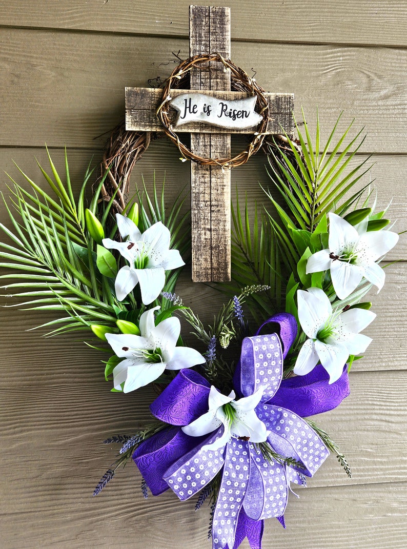 Easter Lily Cross Wreath, Easter Palm Front Door Wreath, He is Risen ...