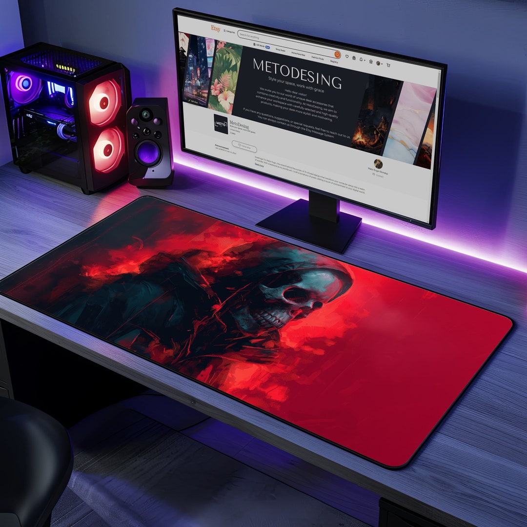 Cyberpunk Skull Non-slip Desk Mat - Black and Red Gothic Aesthetic ...