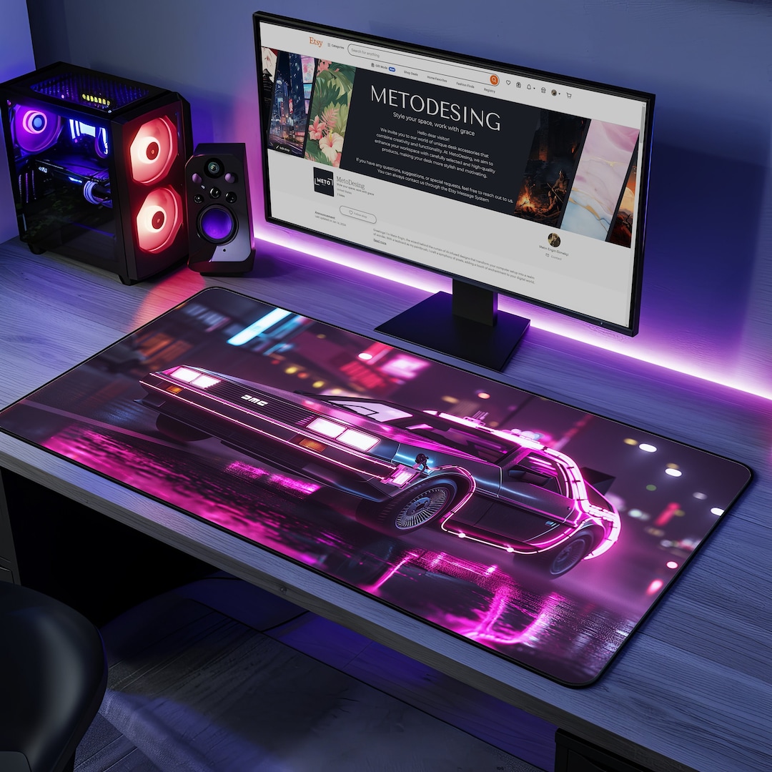 Delorean DMC-12 Non-slip Desk Mat - Back to the Future Synthwave Neon Large Gaming Mouse Pad ...