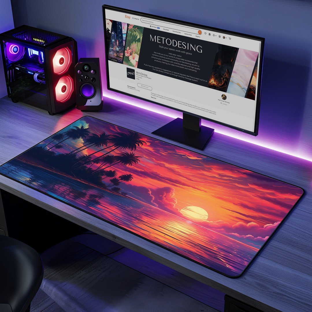 Vaporwave Sunset Non-slip Desk Mat - Neon Synthwave Palm Beach Sunset ...