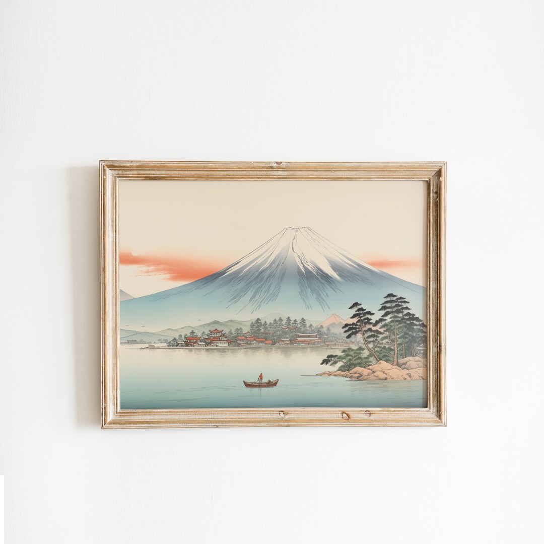 Print of Mount Fuji, Japan, Vintage Print Illustration in Soft Pastel ...