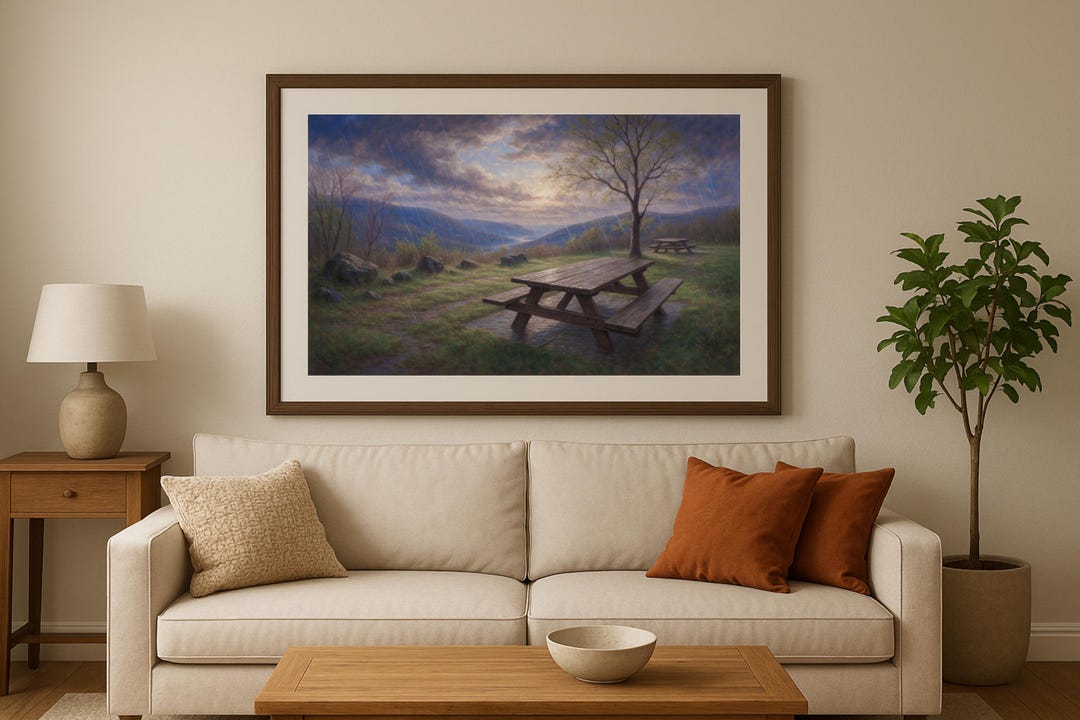 Rainy Mountain Picnic – Spring Storm Over Valley Landscape Print ...